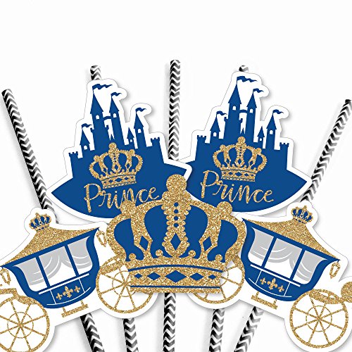 Royal Prince Charming - Paper Straw Decor - Baby Shower or Birthday Party Striped Decorative Straws - Set of 24