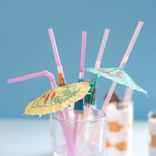 TABLECLOTHSFACTORY 50 Pack | Multi-Colored Umbrella Luau Pool Party Drinking Straws