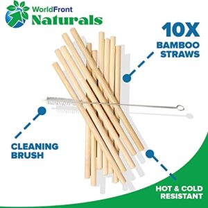 WorldFront Naturals Reusable Straws with Case & Straw Cleaner Brush - Eco Friendly Bamboo Straws Reusable Pack of 10, Used as Cocktail Straws, Smoothie Straws, Travel Straws, Coffee Straws