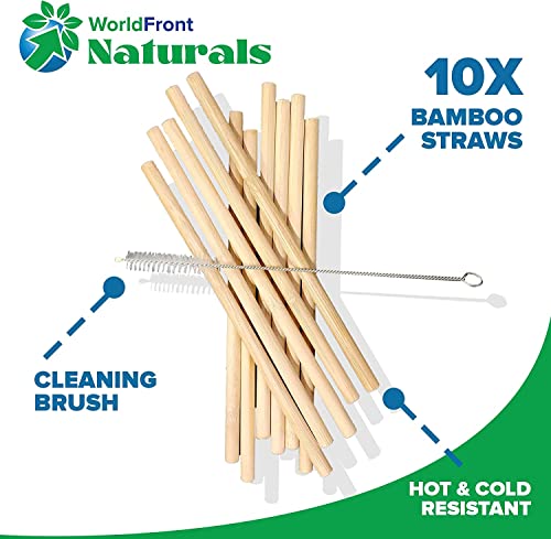 WorldFront Naturals Reusable Straws with Case & Straw Cleaner Brush - Eco Friendly Bamboo Straws Reusable Pack of 10, Used as Cocktail Straws, Smoothie Straws, Travel Straws, Coffee Straws