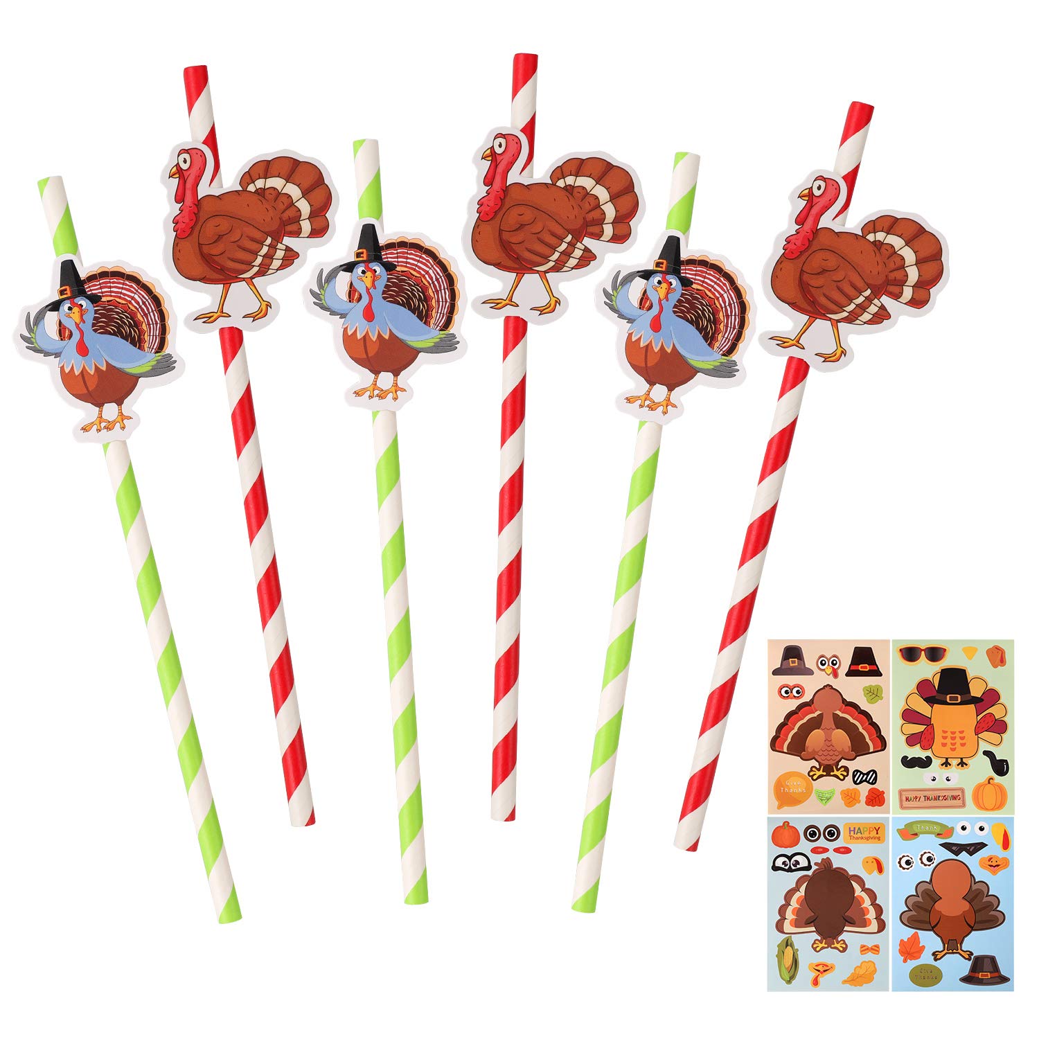 20 Pack Christmas or Thanksgiving Party Decorative Straws Turkey Christmas or Thanksgiving Straws with 4 Sheets Make-A-Turkey Stickers Straws for Christmas Supplies Party Favors - Mixed