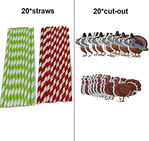 20 Pack Christmas or Thanksgiving Party Decorative Straws Turkey Christmas or Thanksgiving Straws with 4 Sheets Make-A-Turkey Stickers Straws for Christmas Supplies Party Favors - Mixed