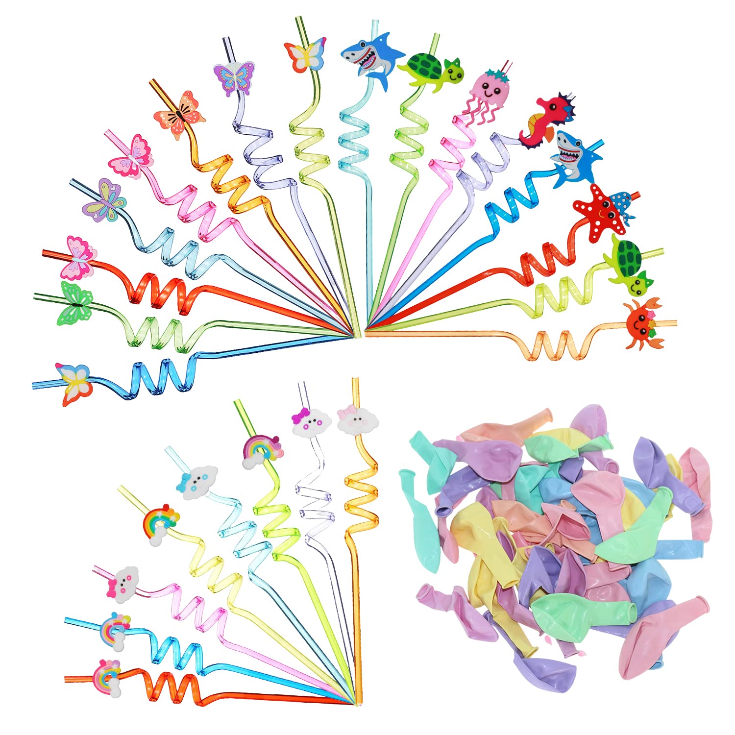 24-Pk Crazy Straws For Kids Reusable+50 Pcs Balloons， Silly Straws For Kids Curly Straws For Kids Reusable Sea Butterfly Rainbow Party Favor For Adults Kids， Various Styles Twisty Straws Fun Straws