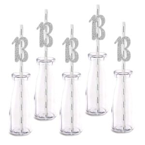 silver happy 13th birthday straw decor, silver glitter 24pcs cut-out number 13 party drinking decorative straws, supplies