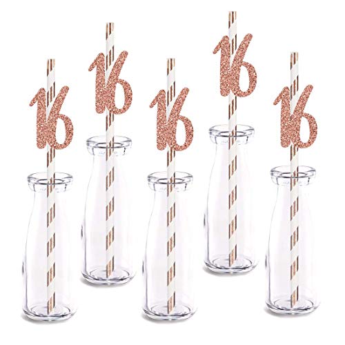 Rose Happy 16th Birthday Straw Decor, Rose Gold Glitter 24pcs Cut-Out Number 16 Party Drinking Decorative Straws, Supplies