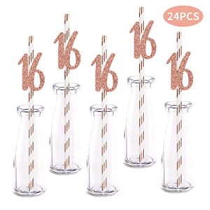 Rose Happy 16th Birthday Straw Decor, Rose Gold Glitter 24pcs Cut-Out Number 16 Party Drinking Decorative Straws, Supplies