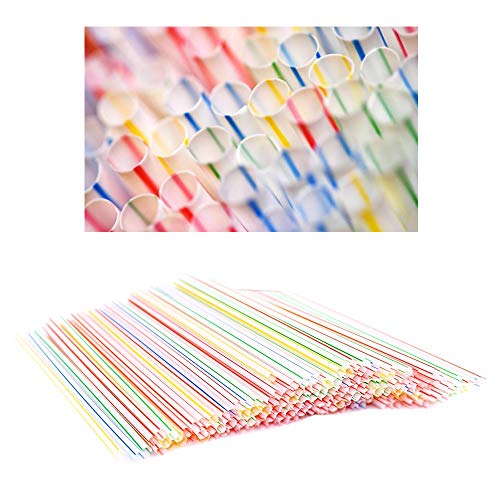 300PC Plastic Straight Straws Disposable Assorted Colors Striped 9" Drinking Bar