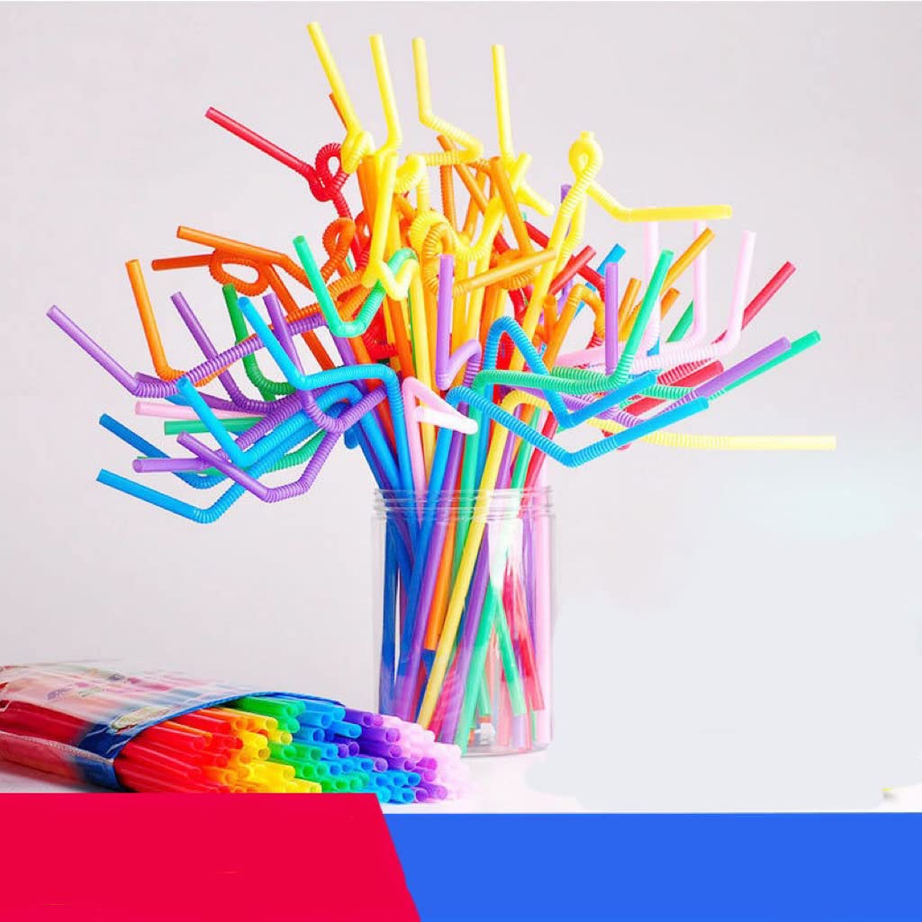 HongRun 100PCS Disposable Straw, Colorful Art Plastic Straw, Bendable Straw