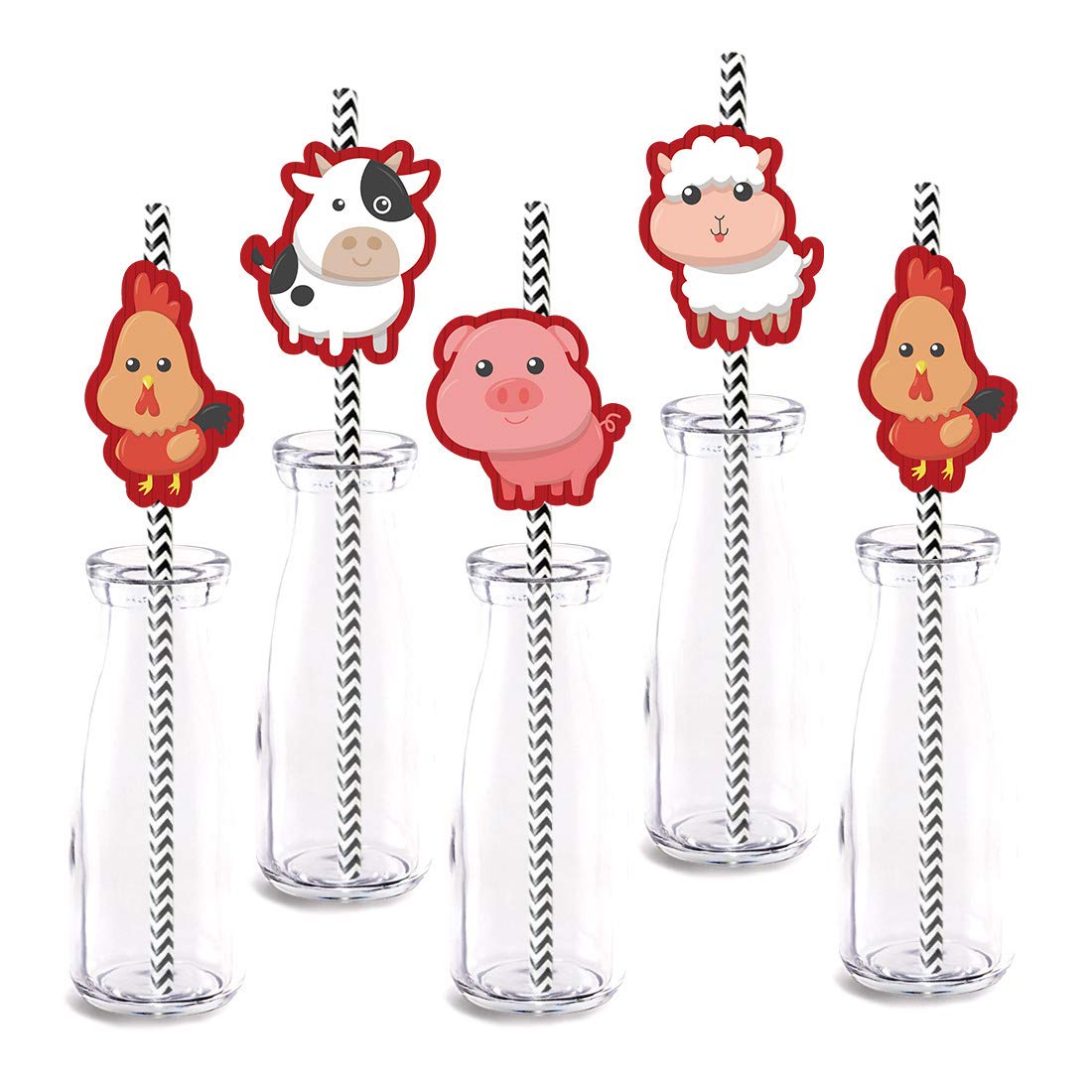 Farm animals Party Straw Decor, 24-Pack Baby Shower or Birthday farmhouse party decorations, Paper Decorative Straws