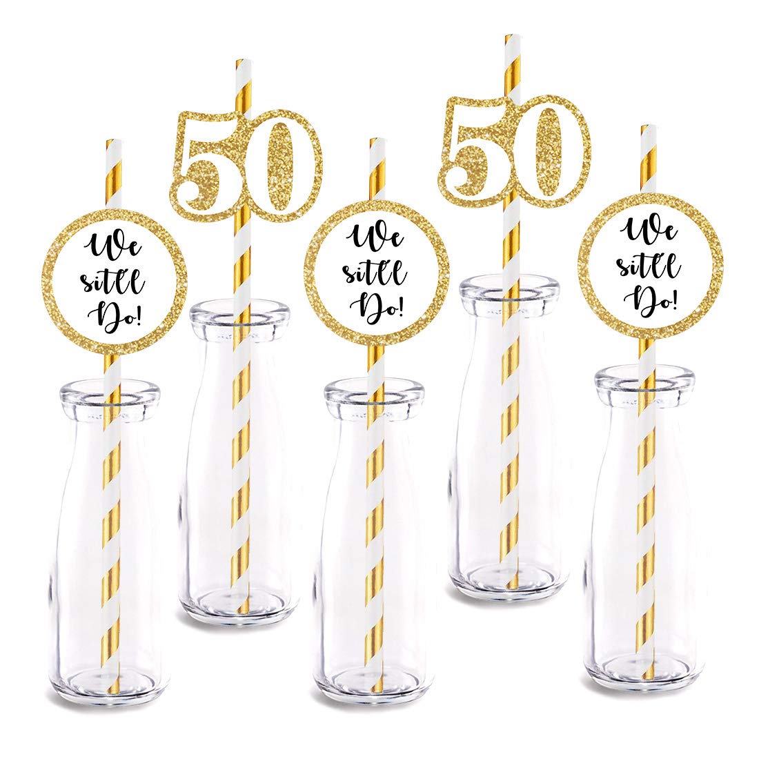 50th Anniversary Straw Decor, 24-Pack gold 50th anniversary Party Supply Decorations, Paper Decorative Straws