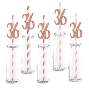 rose happy 36th birthday straw decor, rose gold glitter 24pcs cut-out number 36 party drinking decorative straws, supplies