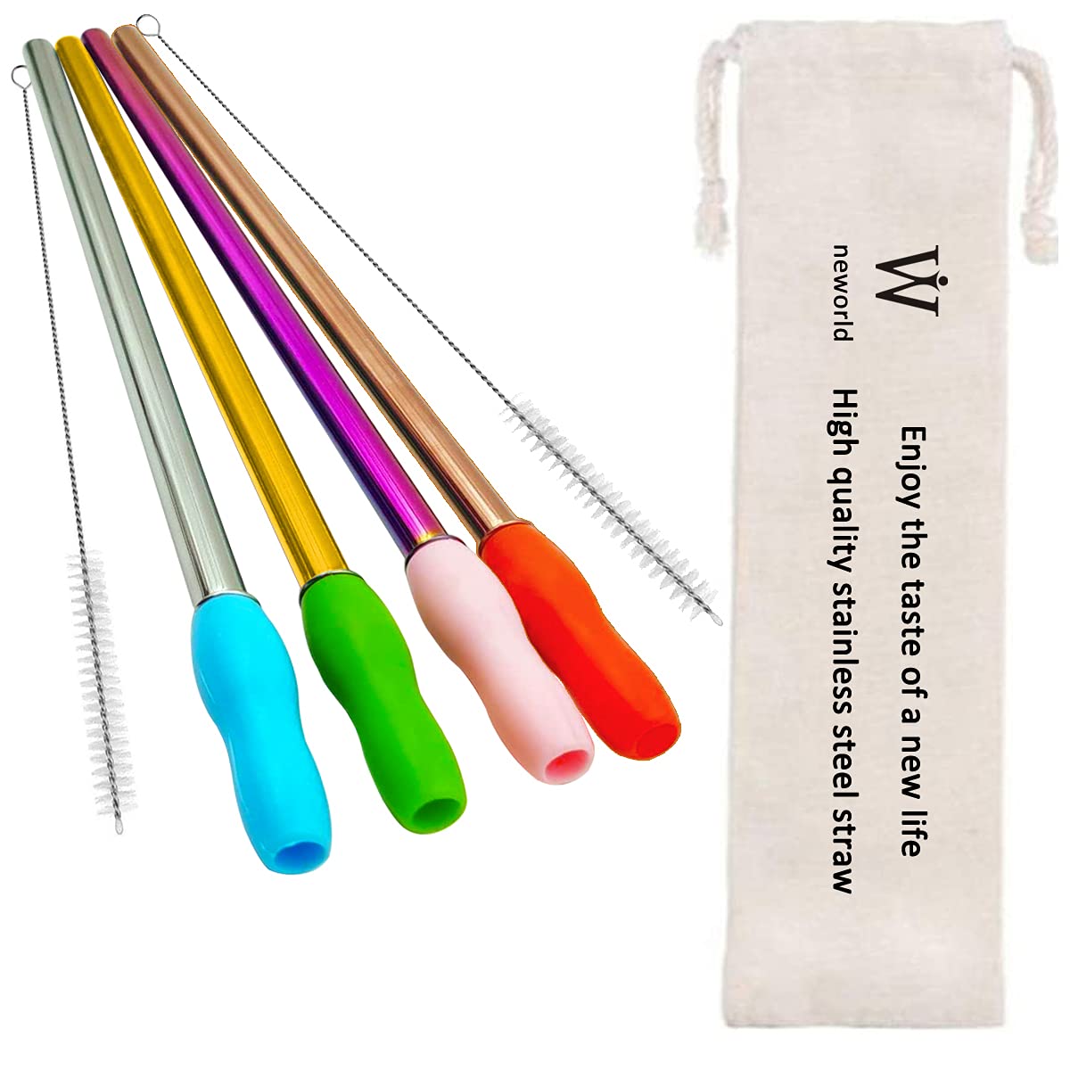 Stainless Steel Drinking Straws with Free Cleaning Brushes,NEBYWOLD Senior Reusable Drinking Food Grade Stainless Steel Straws(4 colors) with 2 Cleaning Brush