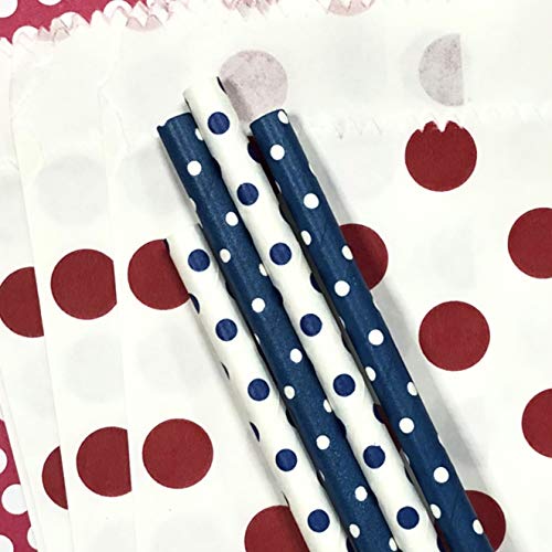 Navy Blue and White Paper Straws - Polka Dot - 7.75 Inches - 50 Pack