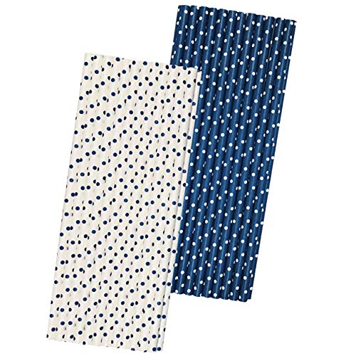 Navy Blue and White Paper Straws - Polka Dot - 7.75 Inches - 50 Pack