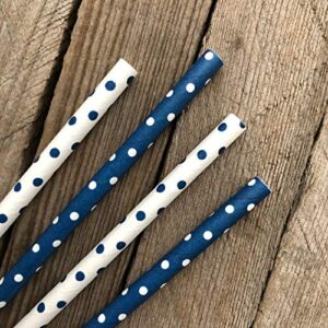 Navy Blue and White Paper Straws - Polka Dot - 7.75 Inches - 50 Pack