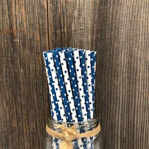 Navy Blue and White Paper Straws - Polka Dot - 7.75 Inches - 50 Pack