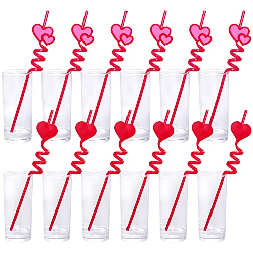 12pcs Valentine Reusable Straws Valentine's Day Plastic Straws Long Red Drinking Straws Heart Valentine's Day Party Straws for Valentine Wedding Party(Red, 12)