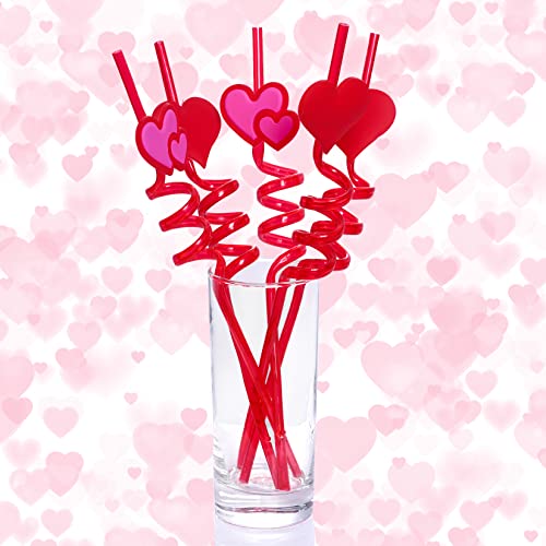 12pcs Valentine Reusable Straws Valentine's Day Plastic Straws Long Red Drinking Straws Heart Valentine's Day Party Straws for Valentine Wedding Party(Red, 12)