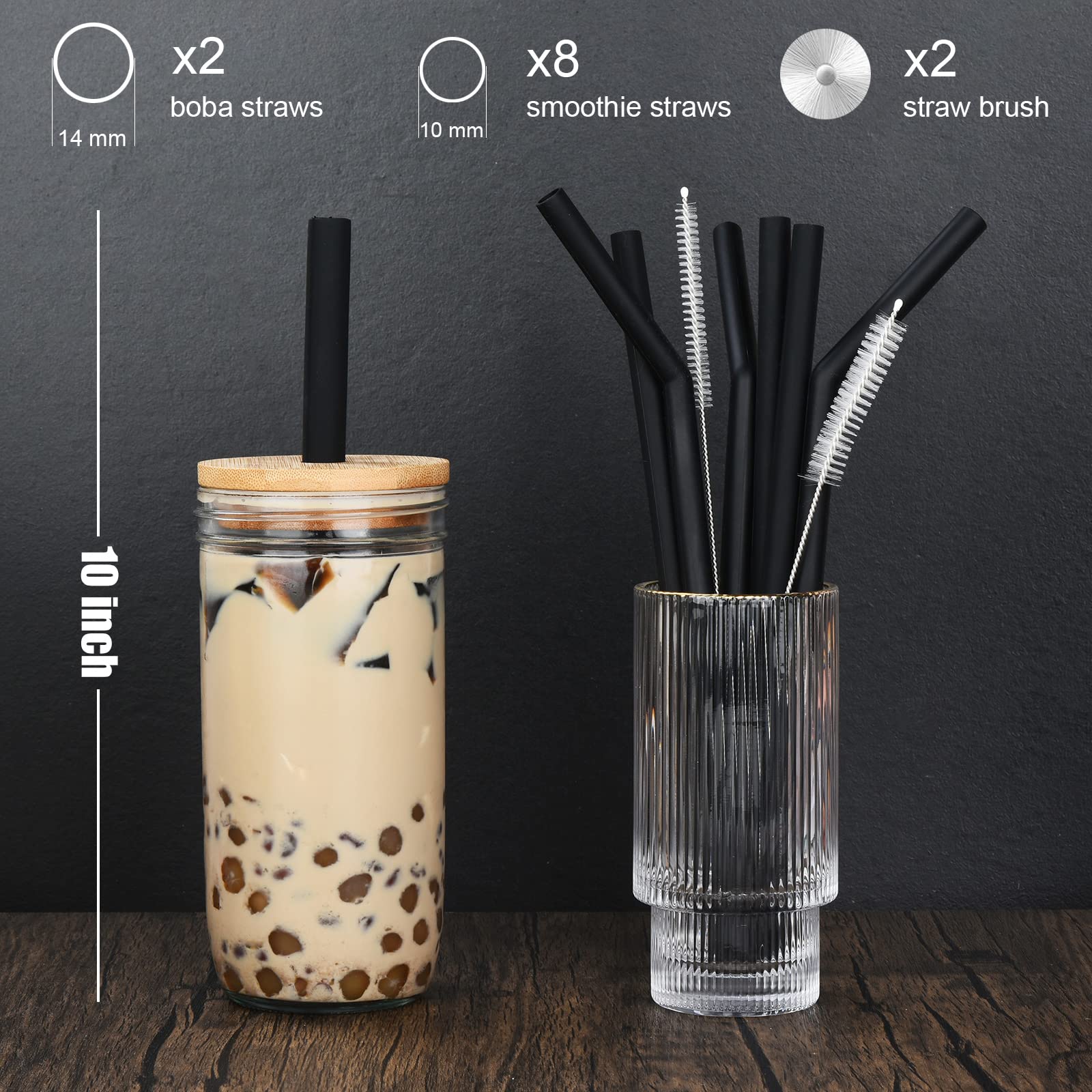 ALINK 15 IN Extra Long Silicone Straws + 10 Black Silicone Boba Smoothie Straws