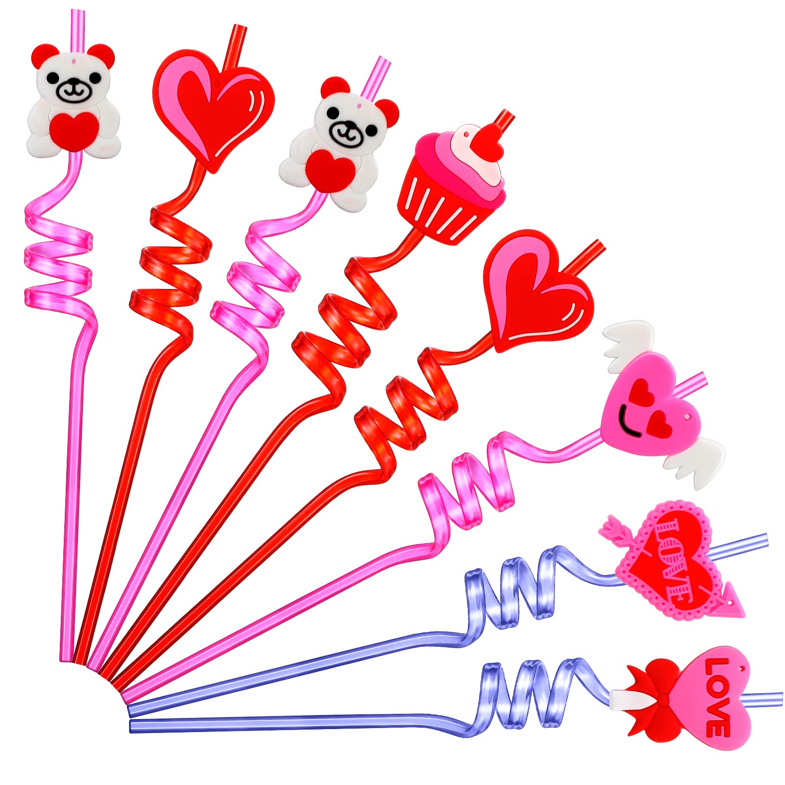 24 Pieces Valentine's Day Heart Shaped Straws Reusable Crazy Loop Straws Valentine Theme Party Plastic Drinking Straws for Valentine's Day Birthday Wedding Party Favors Decorations Supplies, 6 Styles