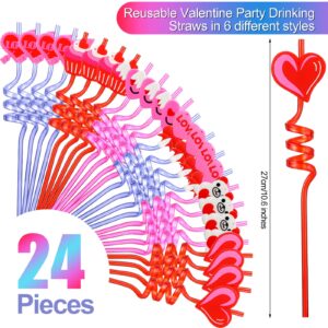 24 Pieces Valentine's Day Heart Shaped Straws Reusable Crazy Loop Straws Valentine Theme Party Plastic Drinking Straws for Valentine's Day Birthday Wedding Party Favors Decorations Supplies, 6 Styles