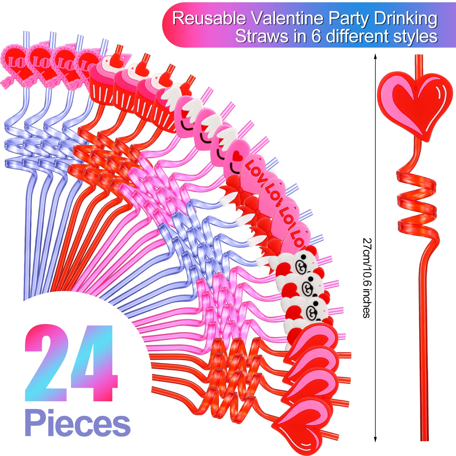 24 Pieces Valentine's Day Heart Shaped Straws Reusable Crazy Loop Straws Valentine Theme Party Plastic Drinking Straws for Valentine's Day Birthday Wedding Party Favors Decorations Supplies, 6 Styles