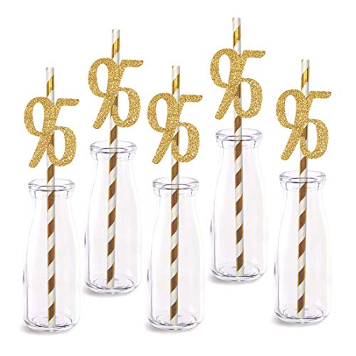 95th Birthday Paper Straw Decor, 24-Pack Real Gold Glitter Cut-Out Numbers Happy 95 Years Party Decorative Straws