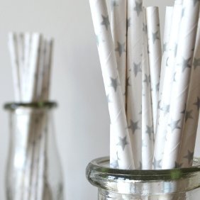 paper straws with silver stars - holidays, weddings, showers - 100 pcs.