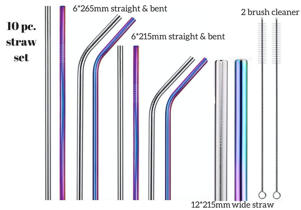 Stainless Steel Drinking Straws | COMPLETE Set - 10 straws, 2 Brush Cleaners & Travel Case | Eco Friendly | Straight & Bent PLUS Wide Smoothie/Boba Straws | Perfect For 20, 30oz. Yeti/RTC Tumblers etc