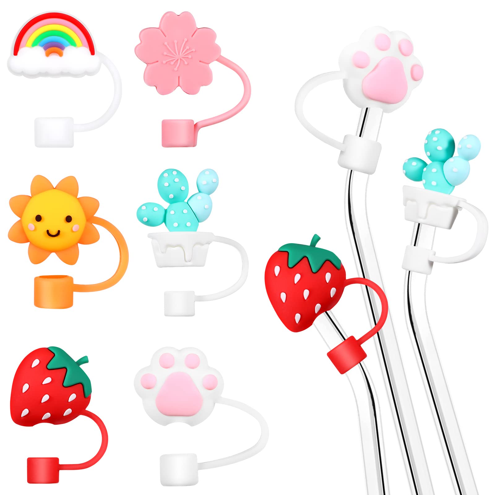 Silicone Straws Silicone Straw Tips Cover 6pcs Cute Straw Cover Caps Cartoon Drinking Straw Tips Lids for 6-8mm Straws Reusable Straw Plugs Straw Cup Accessories Silicone Straws Reusable