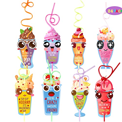 Valentines Day Gift for Kids 24 Pack of Crazy Loop Straws, Reusable Drinking Straws, Bulk Valentine Exchange Cards for Girls Boys School Class Exchange Gifts Prizes Party Favors, 8 Styles.