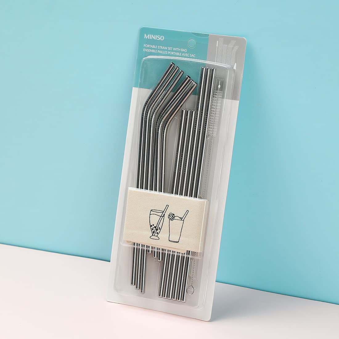 MINISO 12 Pack Reusable Stainless Steel Metal Straws with Travel Case and Cleaning Brush, Long Drinking Straws for Tumblers, for Hot or Cold Drinks