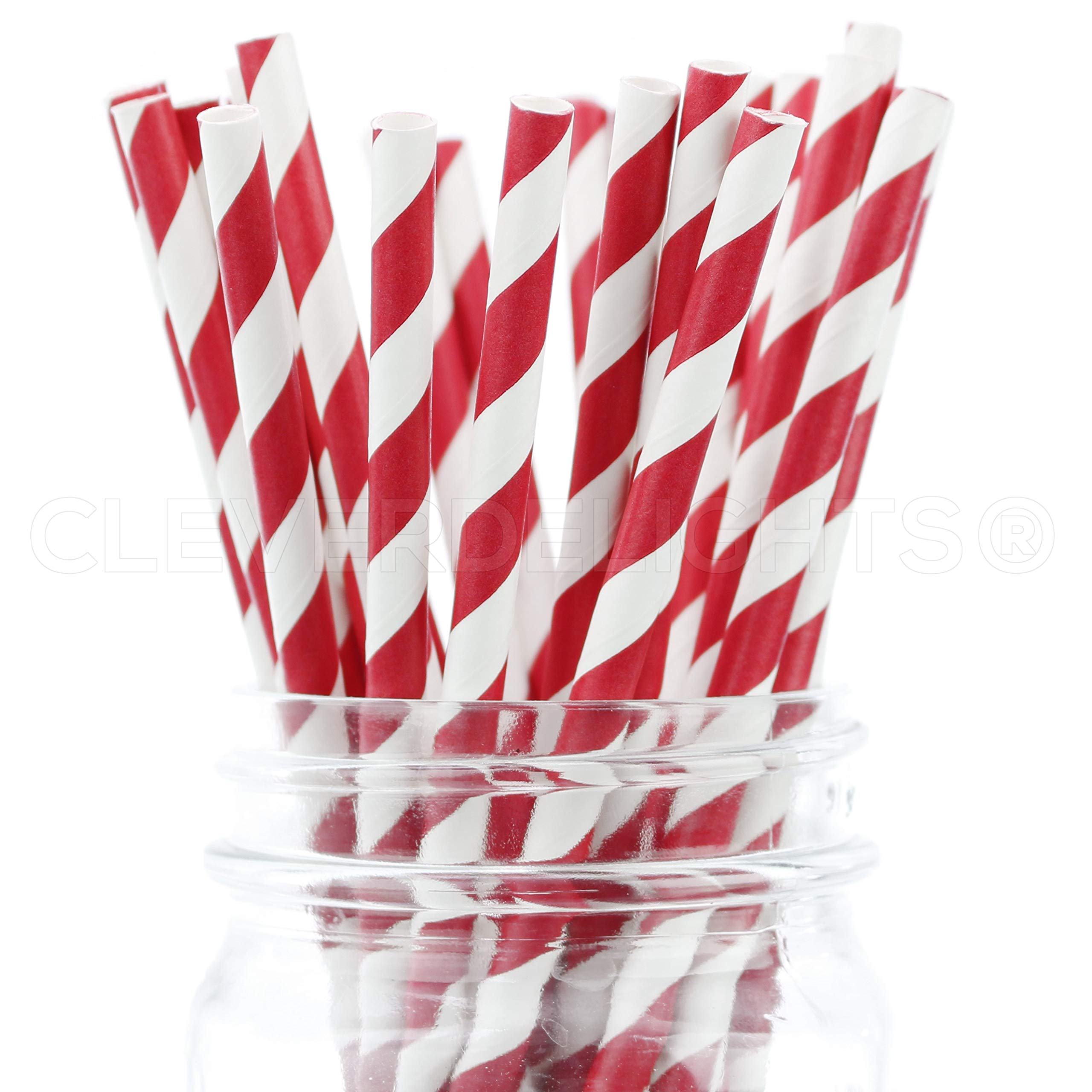 CleverDelights Red Stripe Paper Straws - 100 Pack - Biodegradable Drinking Straws