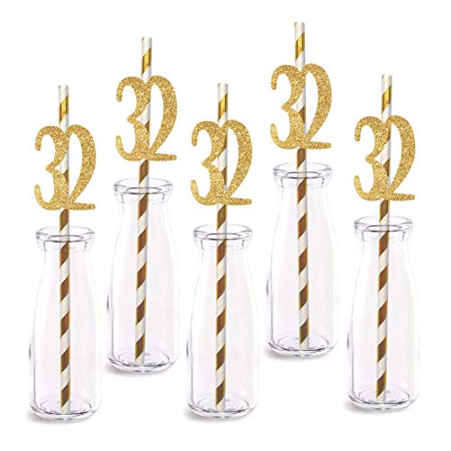 32nd Birthday Paper Straw Decor, 24-Pack Real Gold Glitter Cut-Out Numbers Happy 32 Years Party Decorative Straws