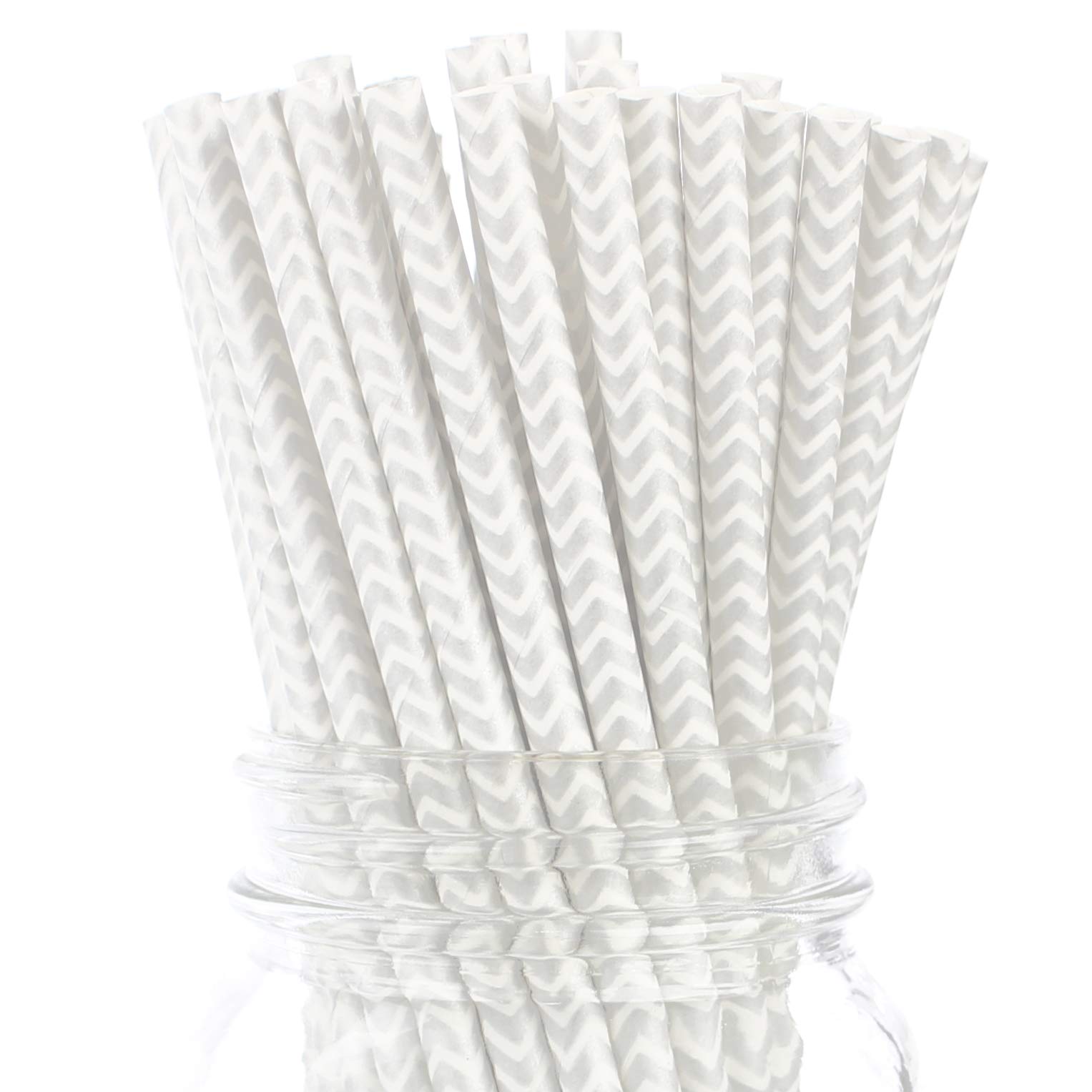 CleverDelights Silver Chevron Paper Straws - 100 Straws - Biodegradable Eco-Friendly Drinking Straws