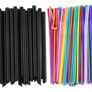 ALINK 100 Black Plastic Bubble Tea Smoothie Straws + 100 PCS Colorful Plastic Long Flexible Straws