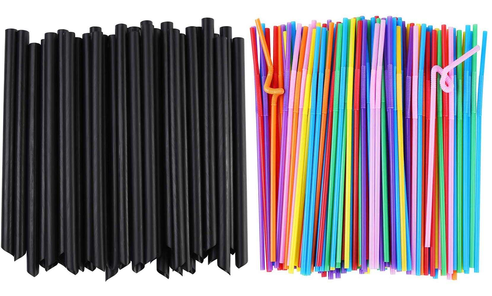 ALINK 100 Black Plastic Bubble Tea Smoothie Straws + 100 PCS Colorful Plastic Long Flexible Straws