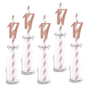 rose happy 17th birthday straw decor, rose gold glitter 24pcs cut-out number 17 party drinking decorative straws, supplies