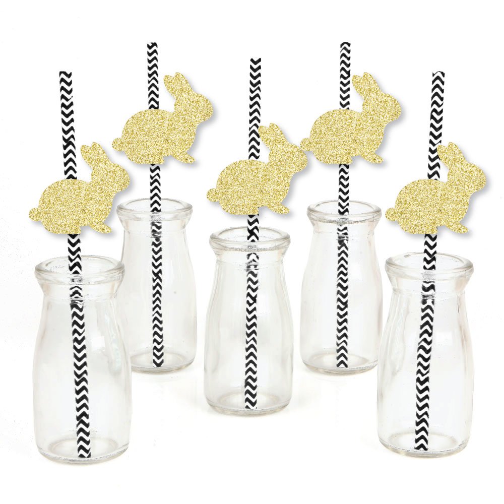 Gold Glitter Bunnies Party Straws - No-Mess Real Gold Glitter Cut-Outs & Decorative Easter Paper Straws - Set of 24