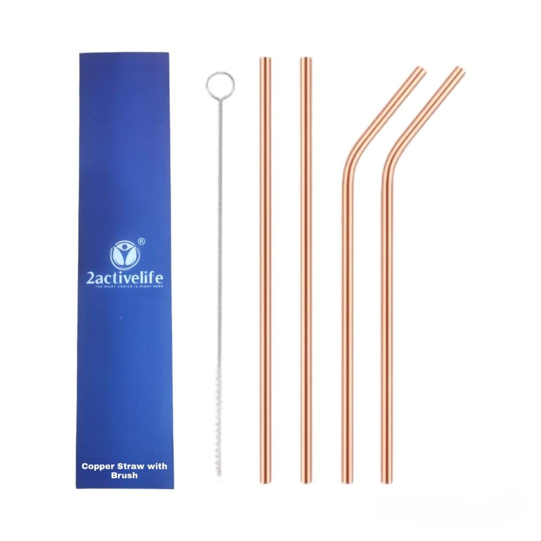 2activelife Copper Straws, Pure Copper Drinking Straws Gift Set Food Safe 8.5inch Long Handcrafts Bent and Straight Copper Straws with Cleaning Brush(2Bent+2Straight)