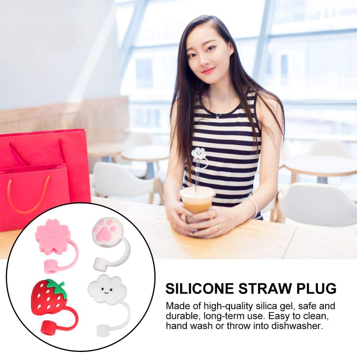 Homoyoyo 4pcs Lazy Straw Dust Cap Straw Plug Drinking Straw Covers Silicone Straws Drinking Straw Tips Straw Topper Cute Tumbler Silicone Straw Plug Strawberry Cartoon