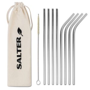 salter 302 ssxr eco reusable metal drinking straws, curved and straight design, set of 8, includes a sisal fibre cleaning brush and drawstring bag, perfect for a night out or picnic, stainless steel