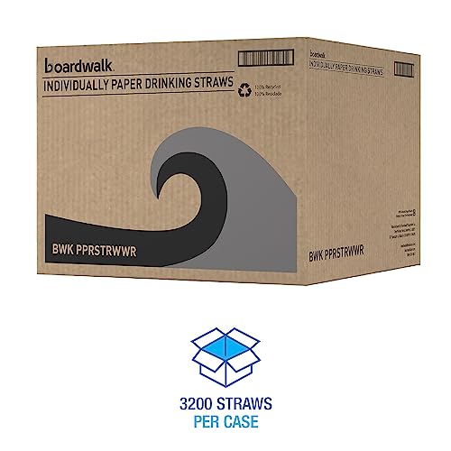 Boardwalk BWKPPRSTRWWR 7.75 in. x 0.25 in. Individually Wrapped Paper Straws - White (3200/Carton)