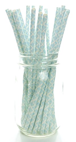 Light Aqua Baby Blue Damask Floral Straws (25 Pack) - Boy Baby Shower Supplies, Victorian Damask Party Straws, Wedding Vintage Straws, Flower Swirl Paper Straws