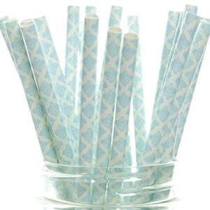 Light Aqua Baby Blue Damask Floral Straws (25 Pack) - Boy Baby Shower Supplies, Victorian Damask Party Straws, Wedding Vintage Straws, Flower Swirl Paper Straws