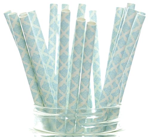 Light Aqua Baby Blue Damask Floral Straws (25 Pack) - Boy Baby Shower Supplies, Victorian Damask Party Straws, Wedding Vintage Straws, Flower Swirl Paper Straws