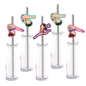 gymnastics party straw decor, 24-pack gymnast baby shower kids birthday party decorations, paper decorative straws