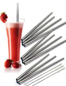 12 stainless steel wide drink straws - cocostraw large straight frozen smoothie straw - 12 pack + 3 cleaning brushes