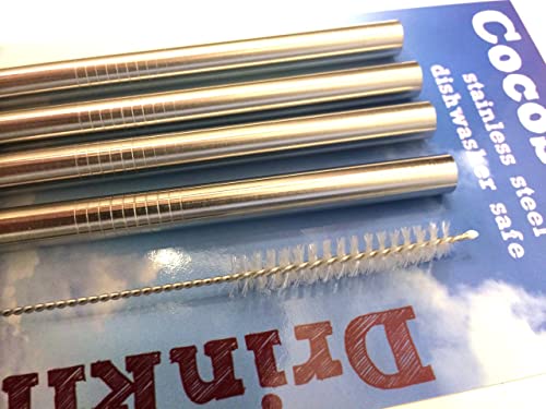 12 Stainless Steel Wide Drink Straws - CocoStraw Large Straight Frozen Smoothie Straw - 12 Pack + 3 Cleaning Brushes