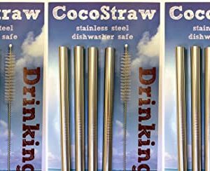 12 Stainless Steel Wide Drink Straws - CocoStraw Large Straight Frozen Smoothie Straw - 12 Pack + 3 Cleaning Brushes